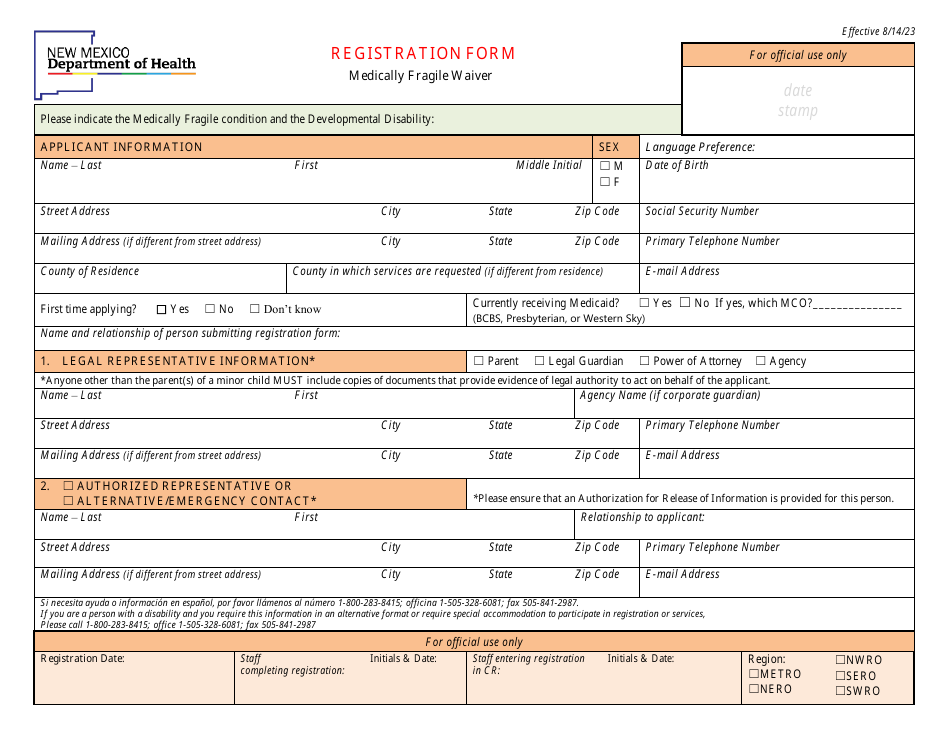 New Mexico Registration Form - Medically Fragile Waiver - Fill Out ...
