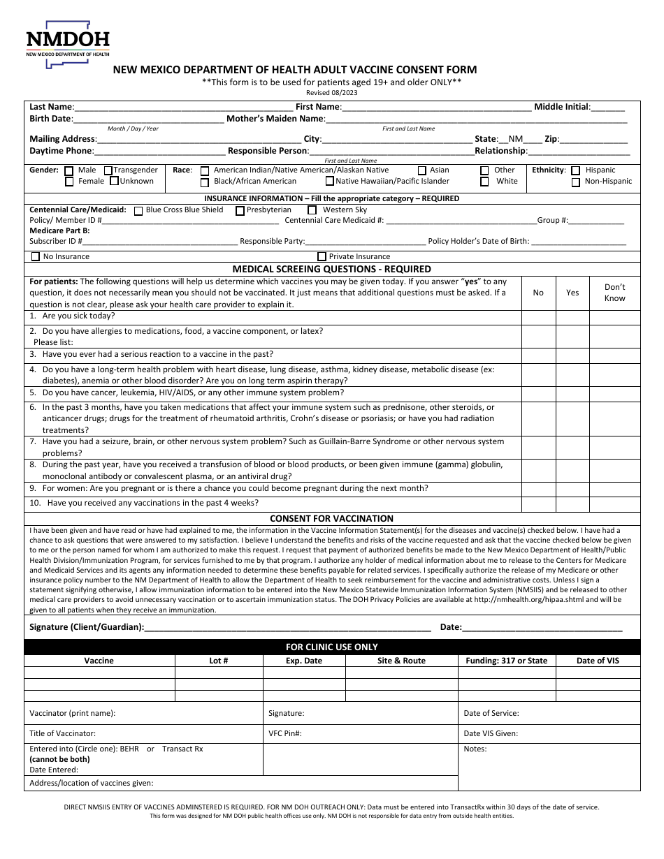 New Mexico Adult Vaccine Consent Form Download Printable Pdf