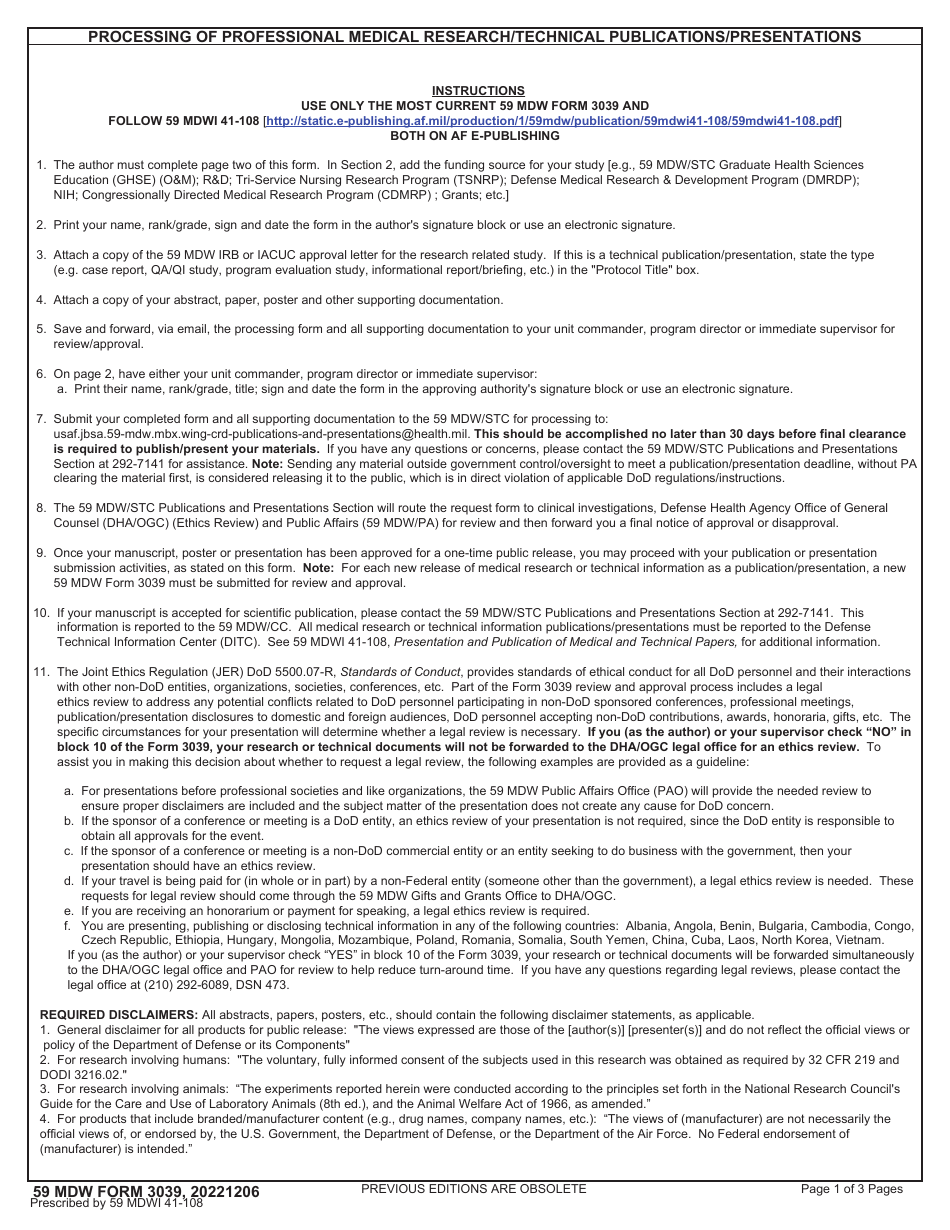59 MDW Form 3039 Download Fillable PDF or Fill Online Processing of ...