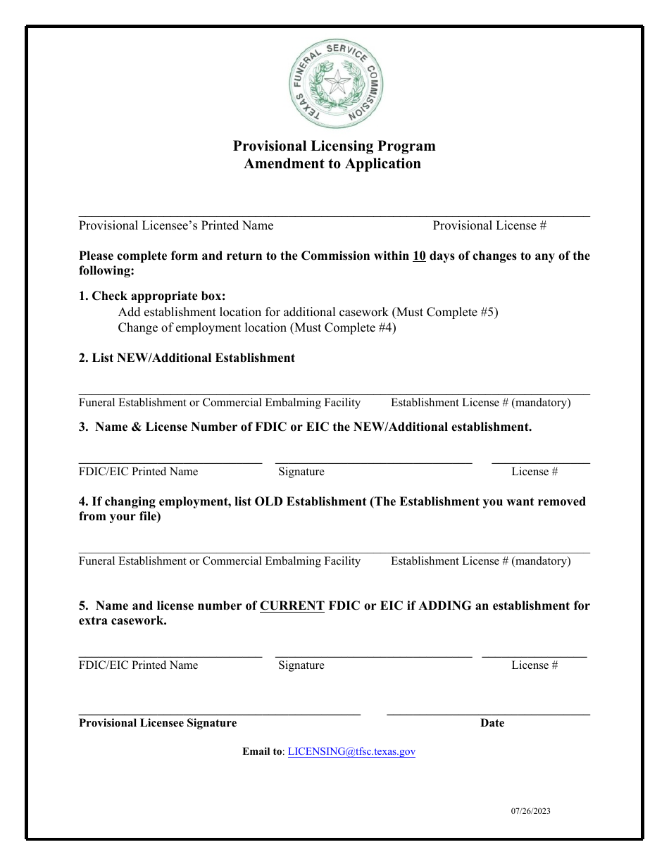 Texas Provisional Licensing Program Amendment to Application Download ...