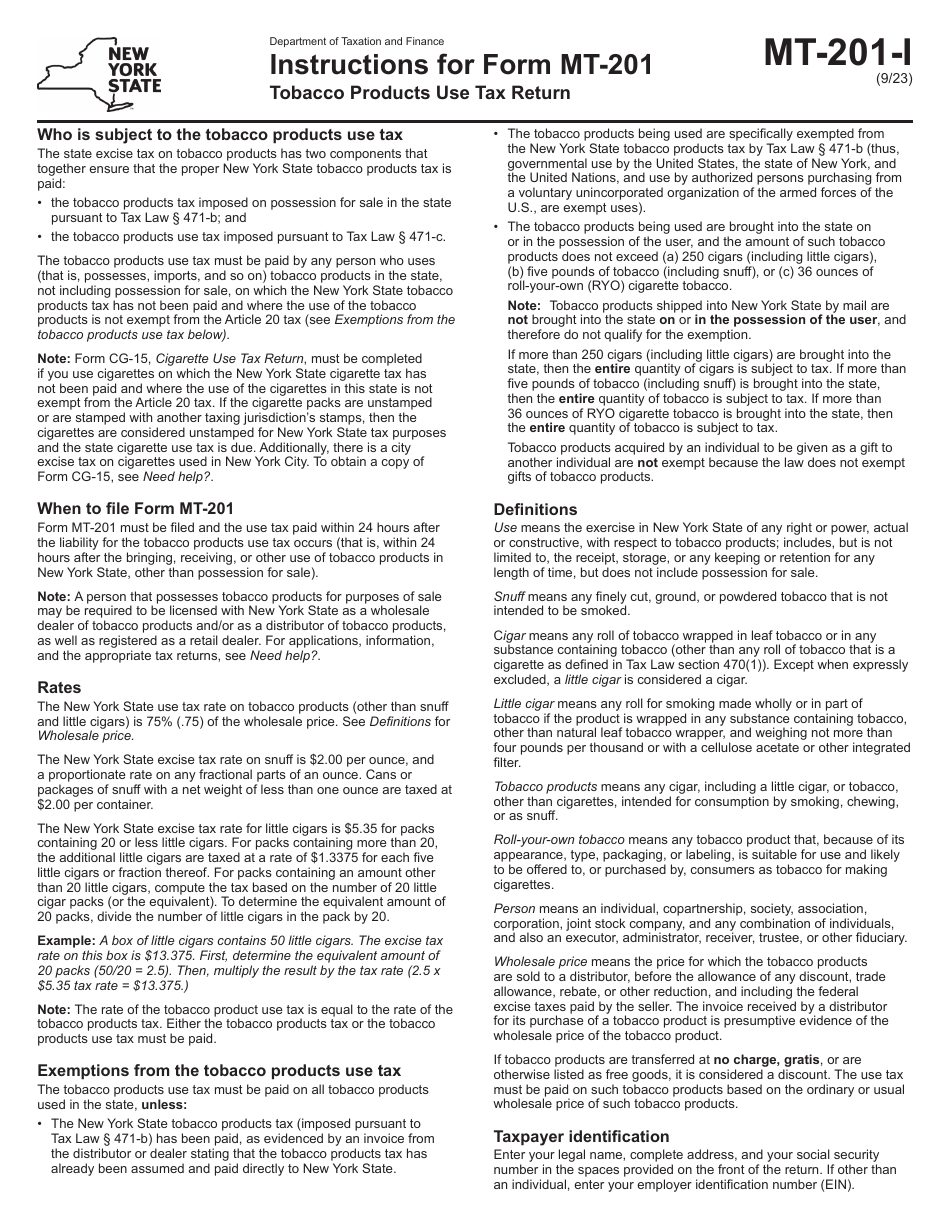 Download Instructions for Form MT-201 Tobacco Products Use Tax Return ...