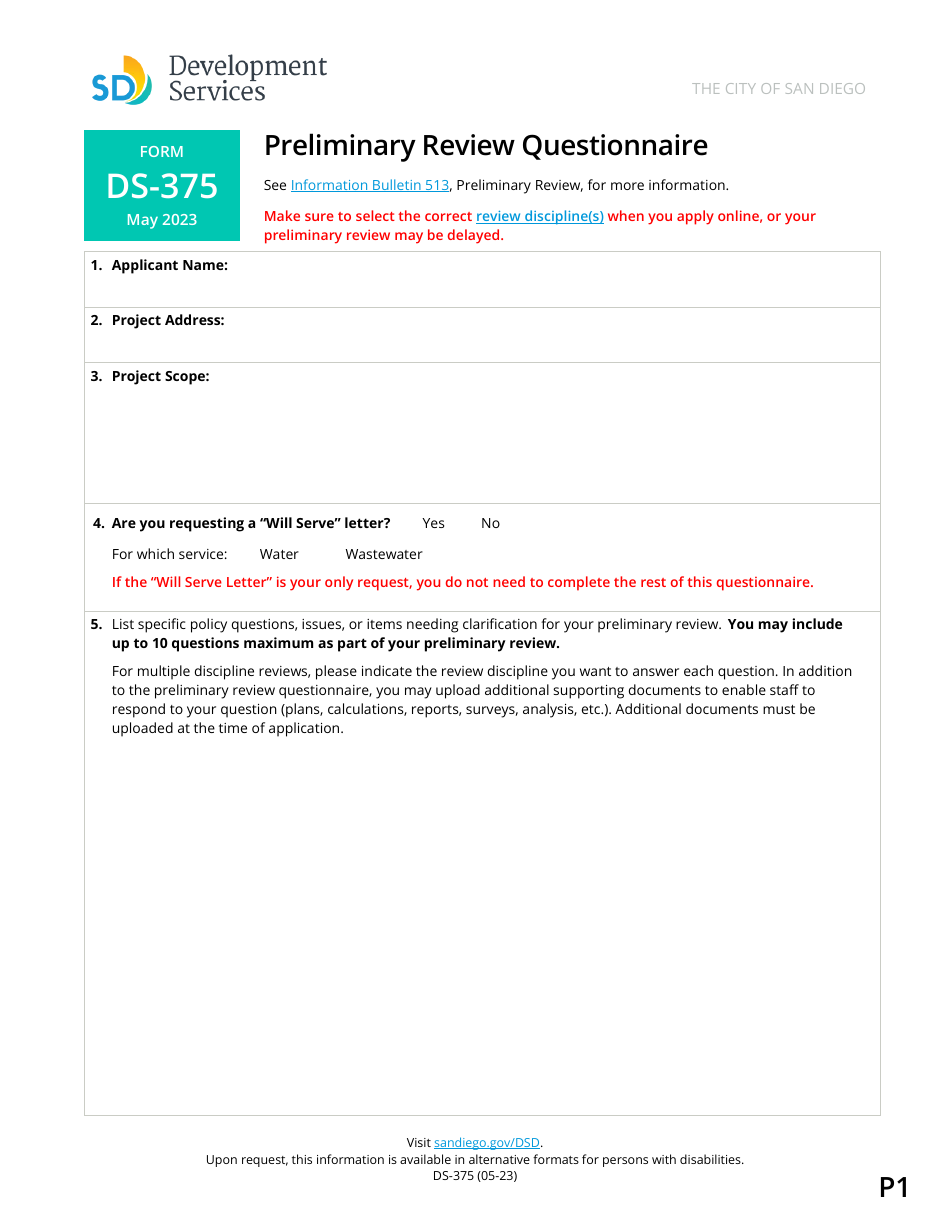 Form DS-375 Download Fillable PDF or Fill Online Preliminary Review ...