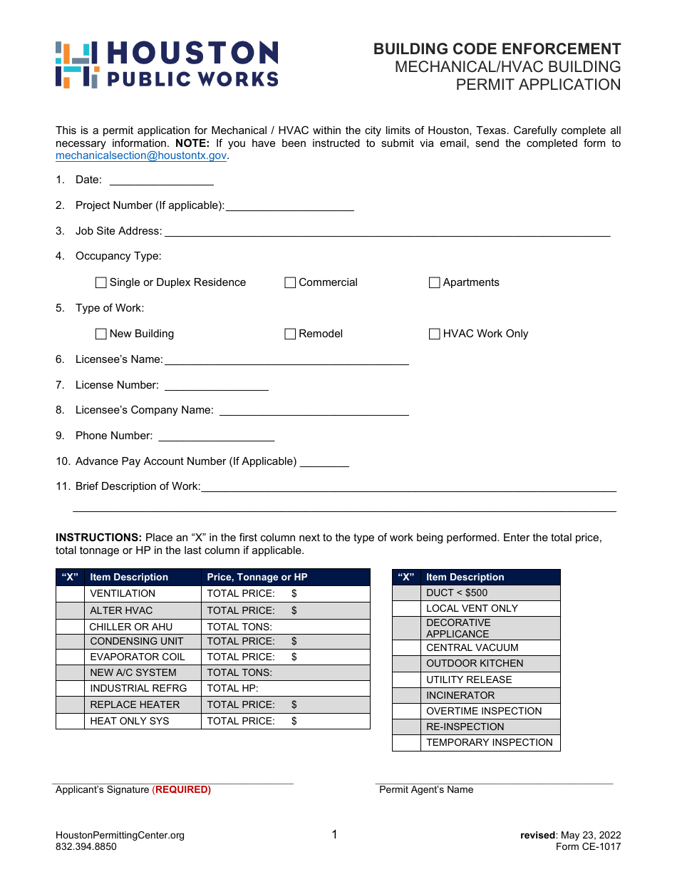 Form CE-1017 Download Fillable PDF or Fill Online Mechanical/Hvac ...