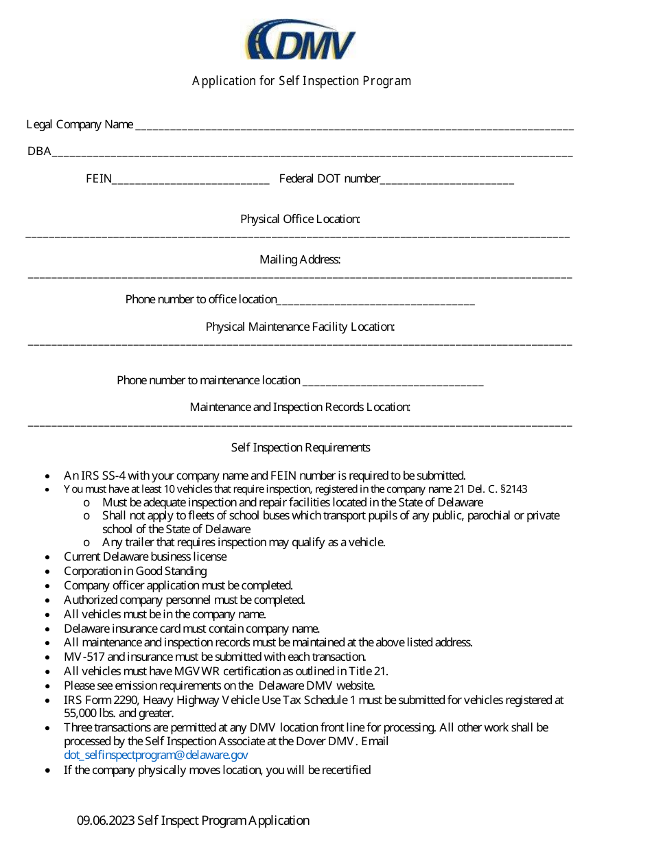 Delaware Application for Self Inspection Program Download Fillable PDF ...