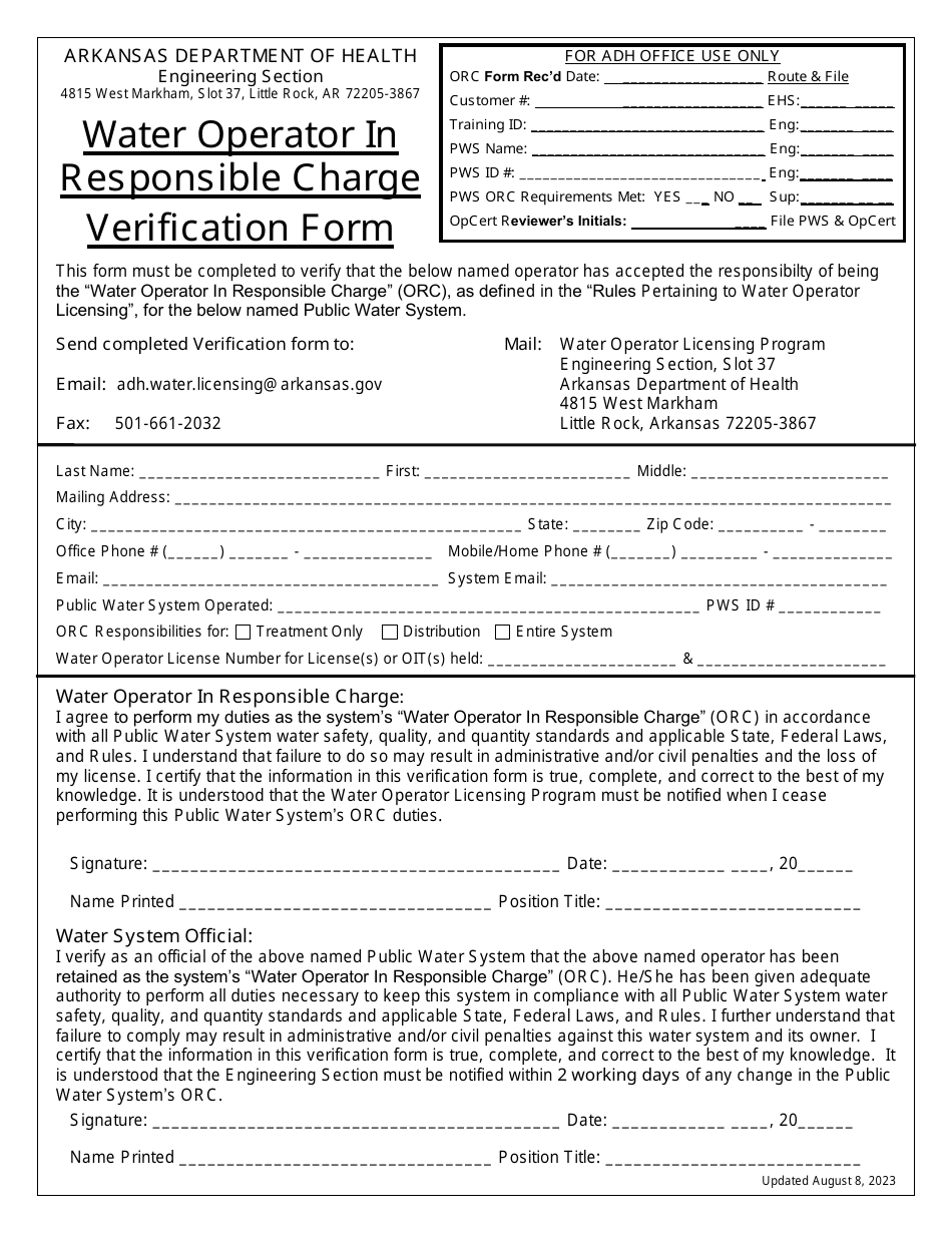 Arkansas Water Operator in Responsible Charge Verification Form ...