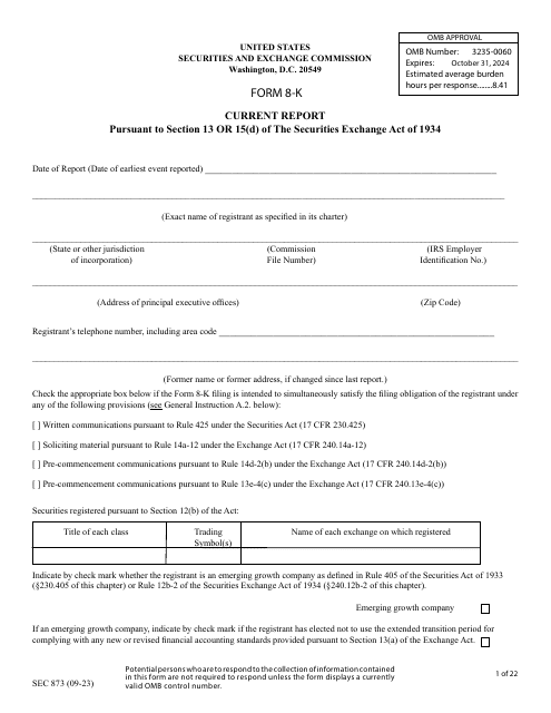 Form 8-K (SEC Form 873) Download Printable PDF or Fill Online Current ...