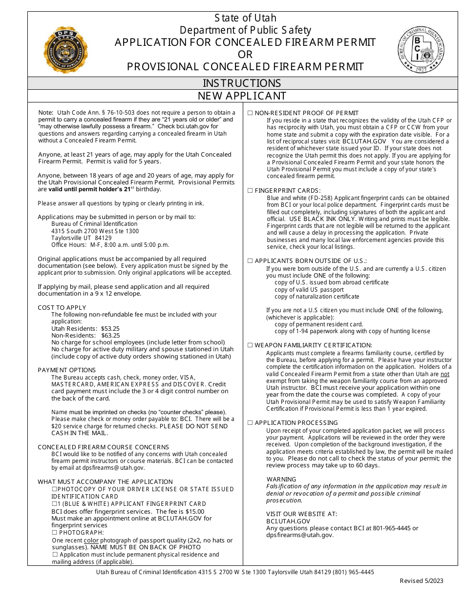 Utah Application for Concealed Firearm Permit or Provisional Concealed ...