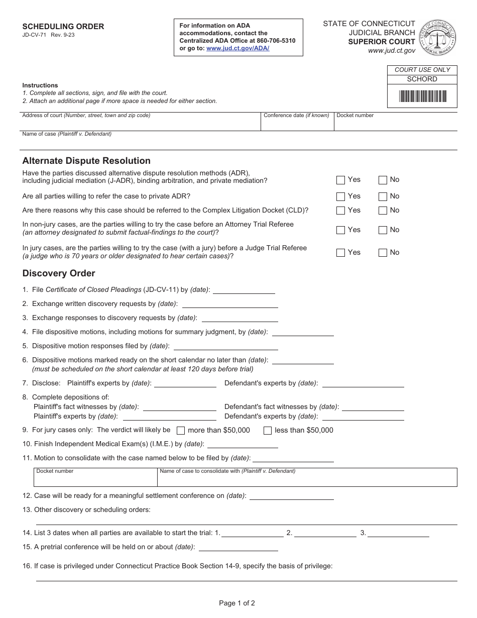 Form JD-CV-71 Download Printable PDF or Fill Online Scheduling Order ...
