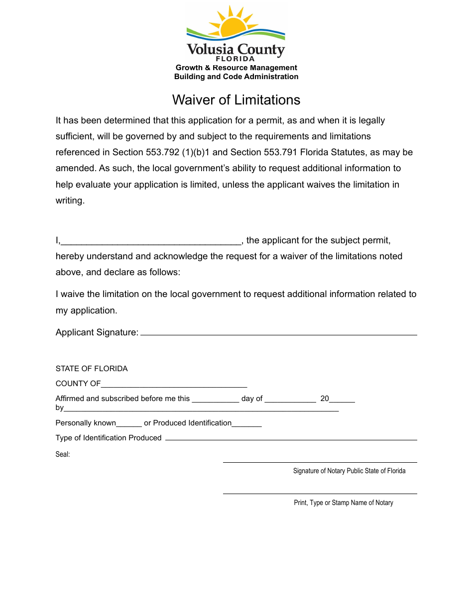 Volusia County, Florida Waiver of Limitations - Fill Out, Sign Online ...