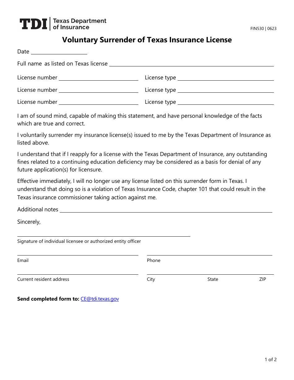 Form FIN530 - Fill Out, Sign Online and Download Fillable PDF, Texas ...