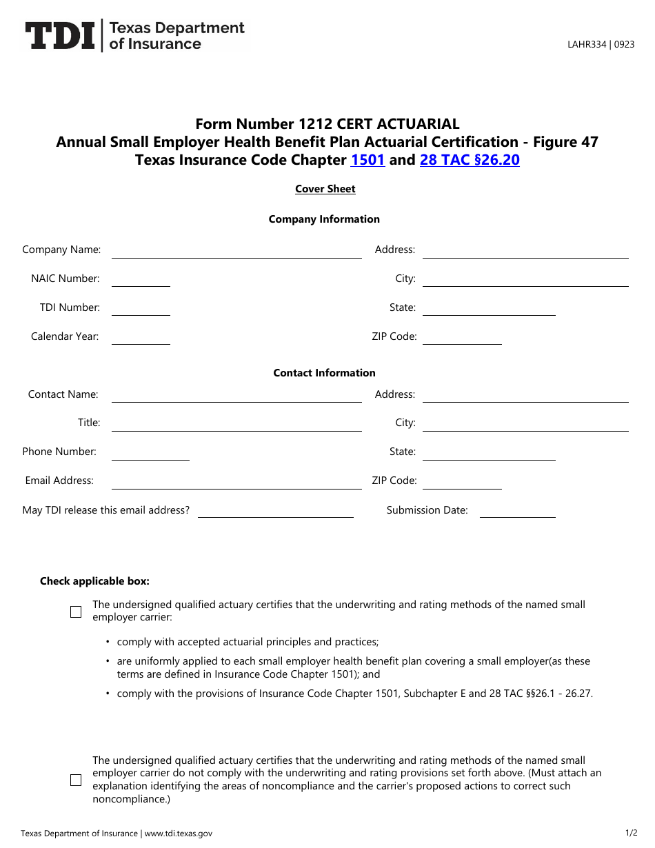 Form LAHR334 (1212 CERT ACTUARIAL) - Fill Out, Sign Online and Download ...
