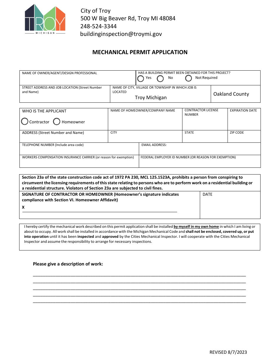 City of Troy, Michigan Mechanical Permit Application Download Fillable ...
