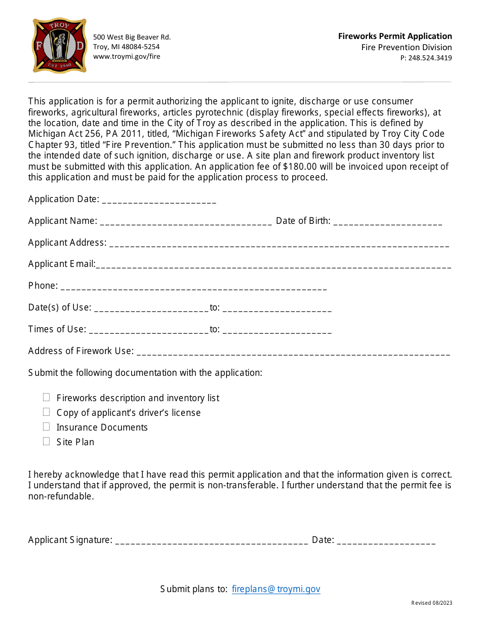City of Troy, Michigan Fireworks Permit Application Download Fillable PDF | Templateroller