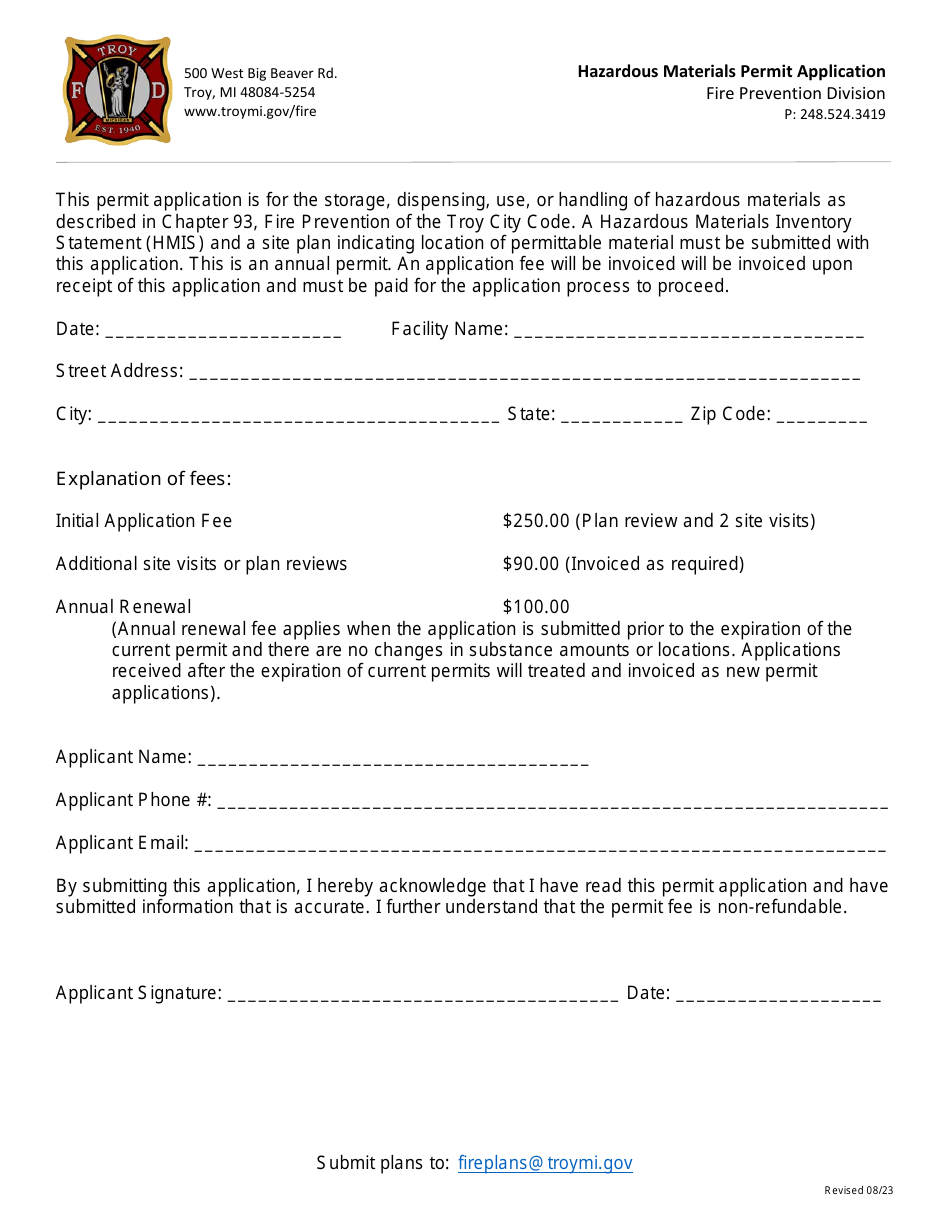 City of Troy, Michigan Hazardous Materials Permit Application Download Fillable PDF | Templateroller