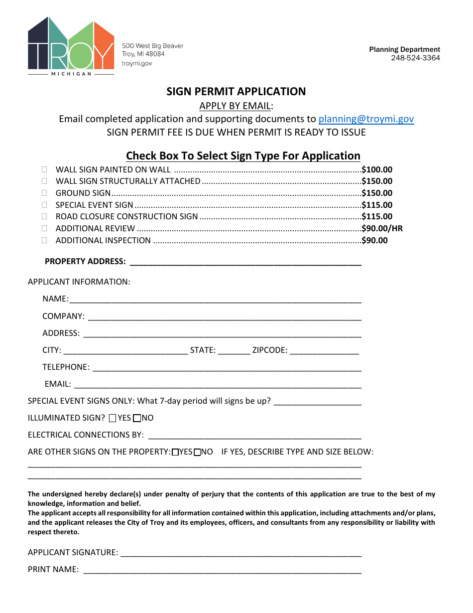 City of Troy, Michigan Sign Permit Application Download Fillable PDF ...