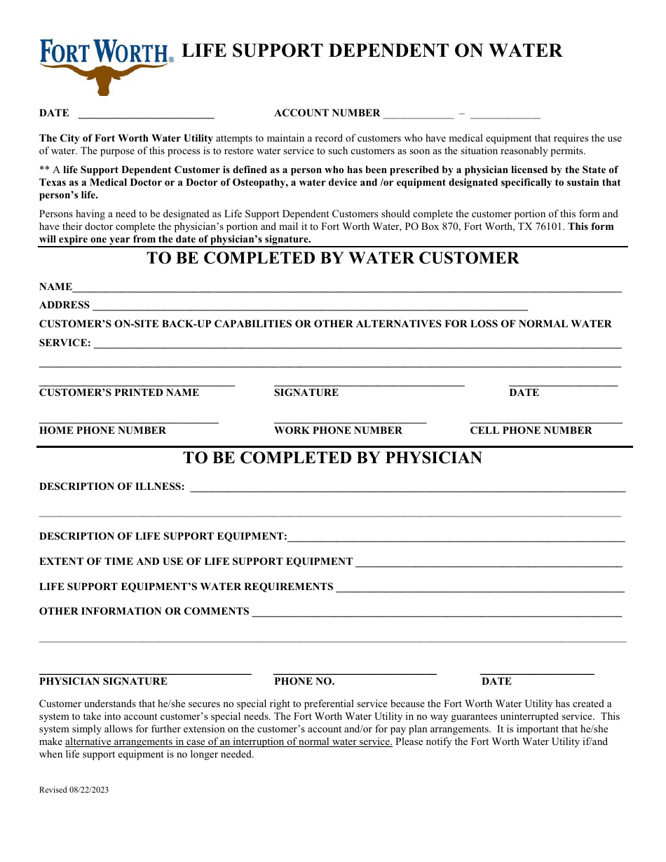 City of Fort Worth, Texas Life Support Dependent on Water - Fill Out ...