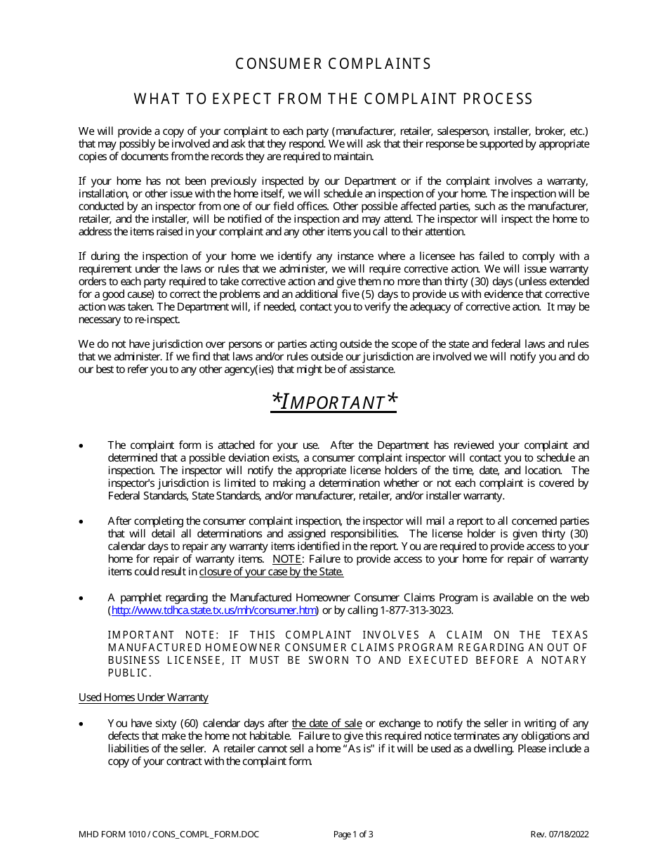 MHD Form 1010 Download Fillable PDF or Fill Online Consumer Complaint ...