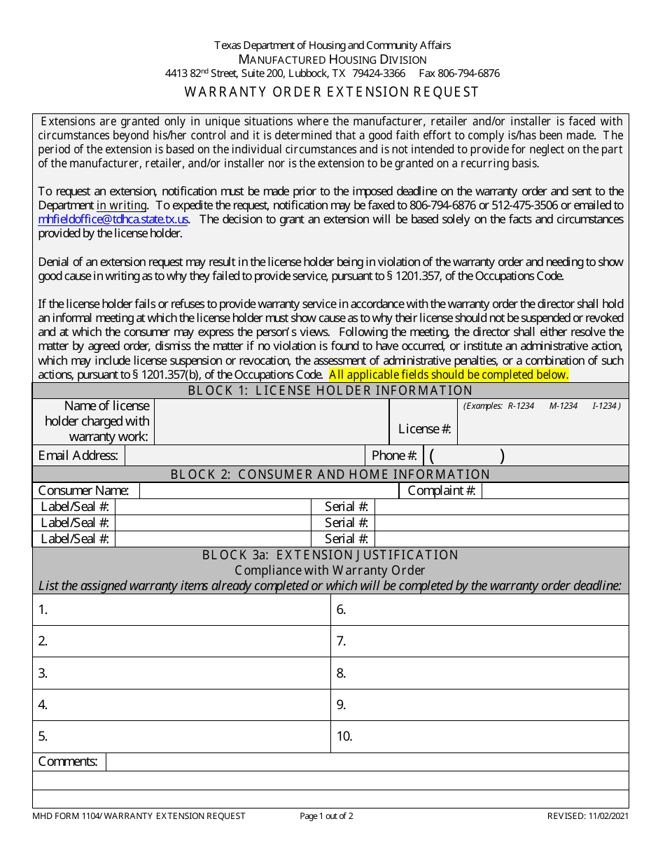 MHD Form 1104 Download Printable PDF or Fill Online Warranty Order ...