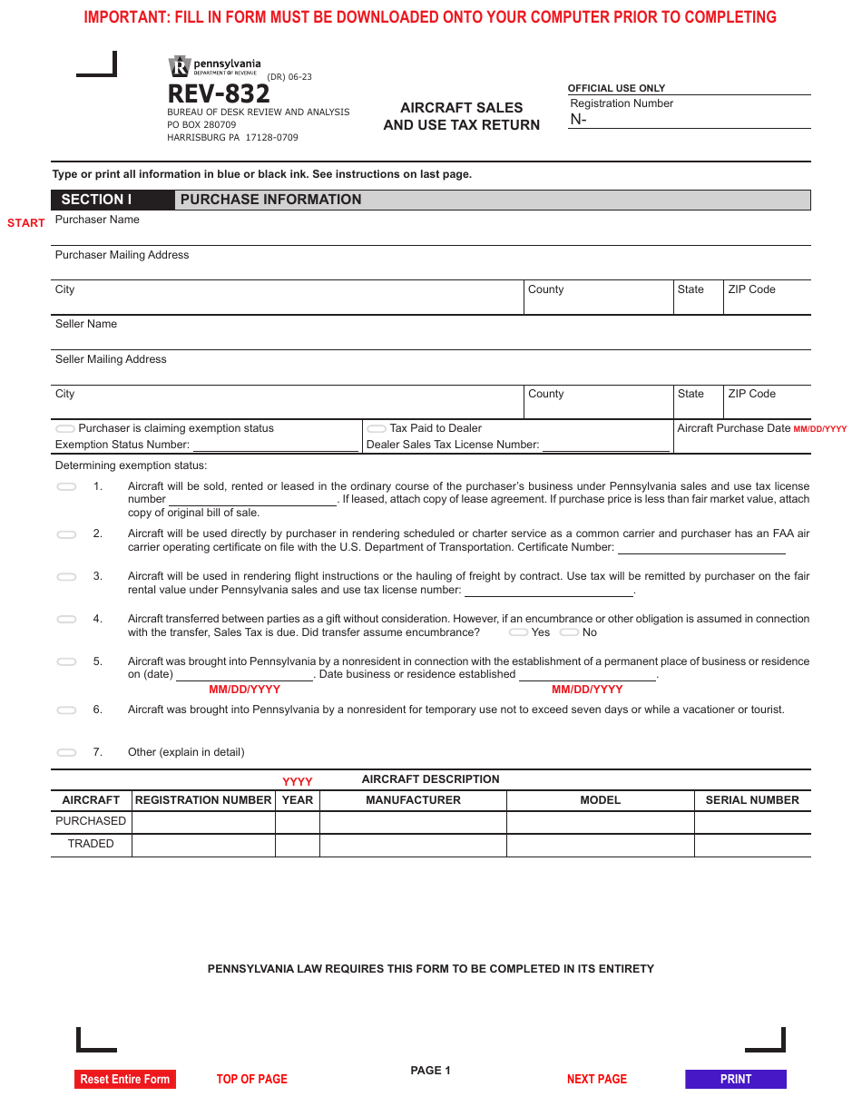 Form REV-832 Download Fillable PDF or Fill Online Aircraft Sales and ...