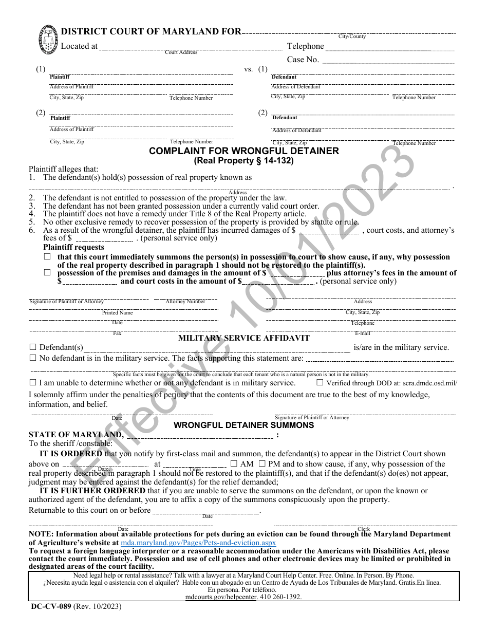 Form DC-CV-089 Download Printable PDF or Fill Online Complaint for ...