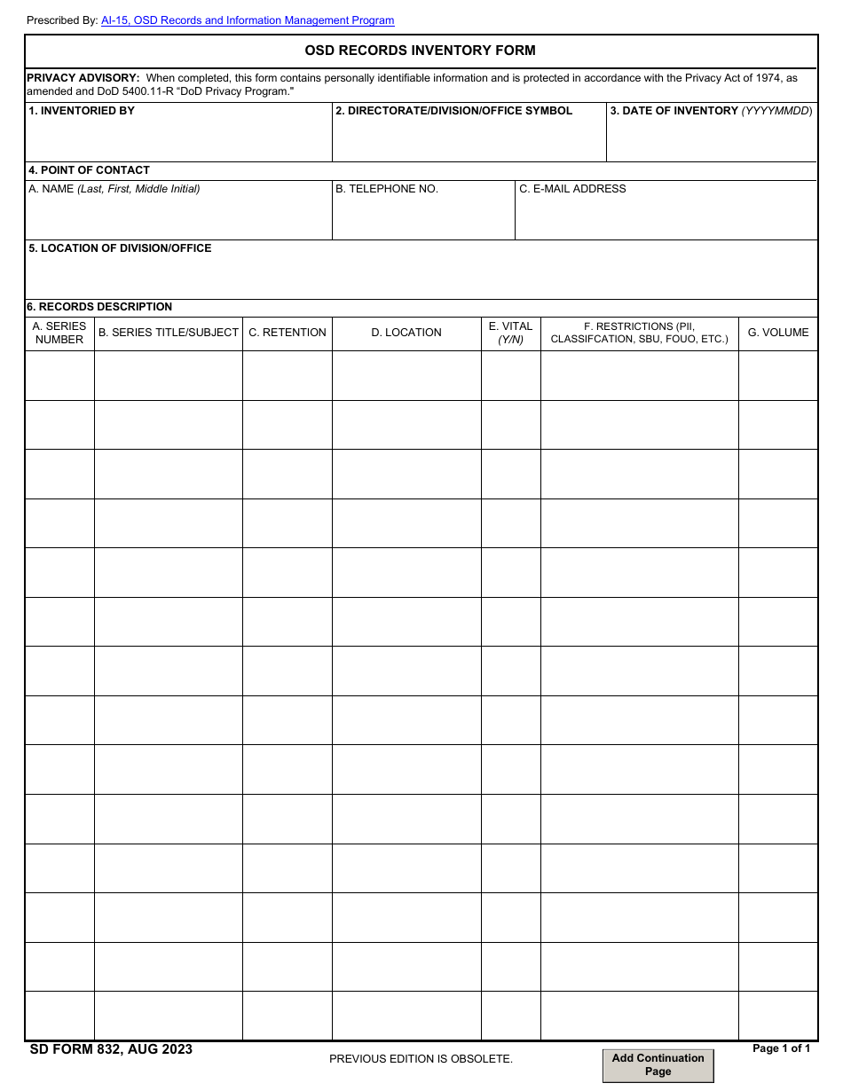 SD Form 832 Download Fillable PDF or Fill Online Osd Records Inventory ...