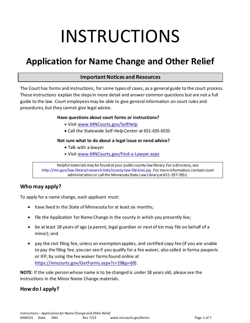 Form NAM101 - Fill Out, Sign Online and Download Printable PDF, Minnesota | Templateroller