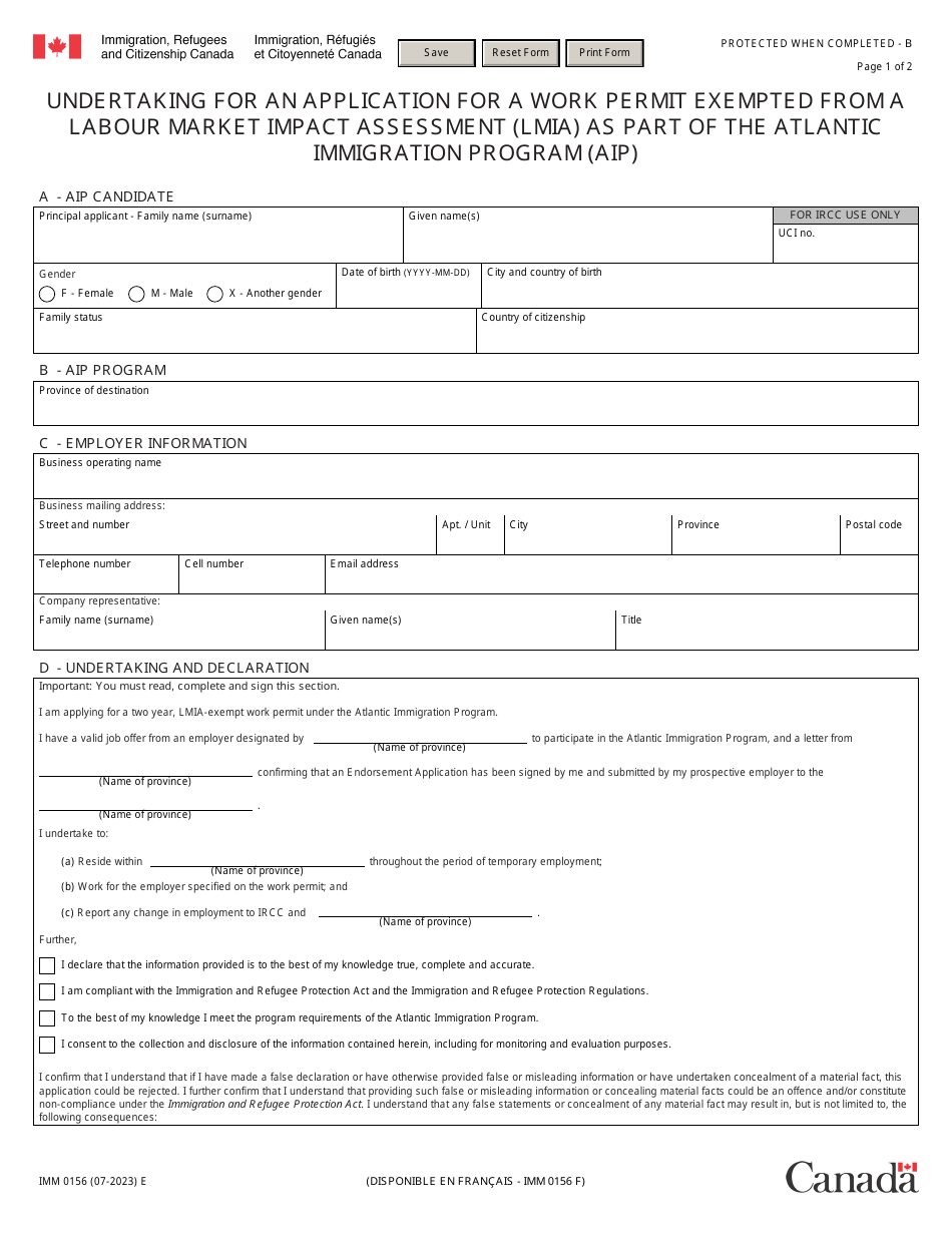 Form IMM0156 Download Fillable PDF Undertaking for an Application for a ...
