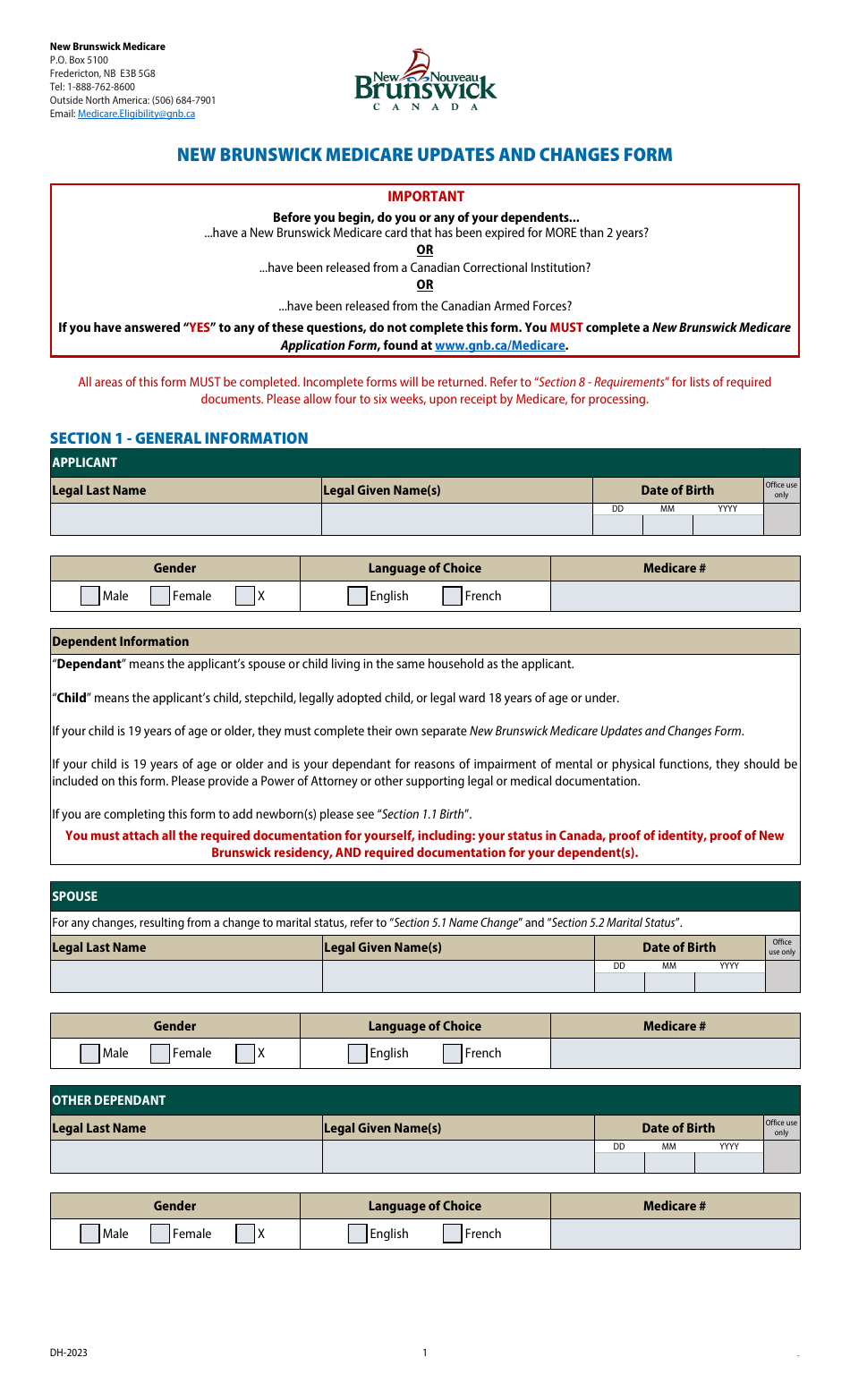 New Brunswick Canada New Brunswick Medicare Updates and Changes Form ...