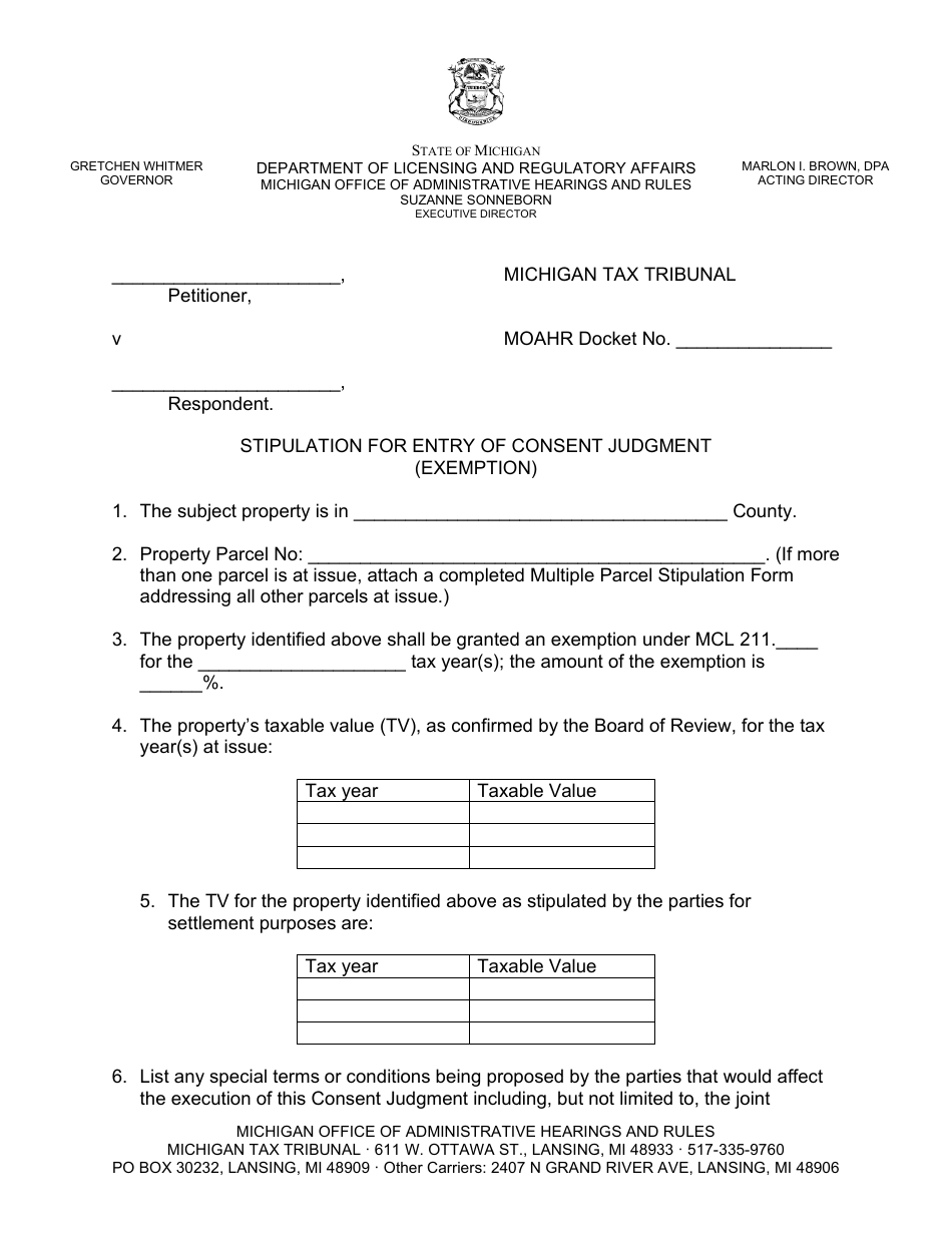 Michigan Stipulation for Entry of Consent Judgment (Exemption) - Fill ...