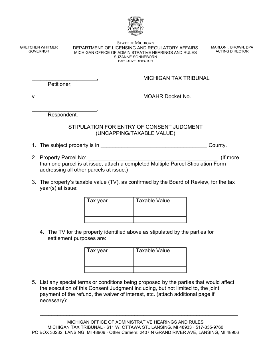 Michigan Stipulation for Entry of Consent Judgment (Uncapping/Taxable ...
