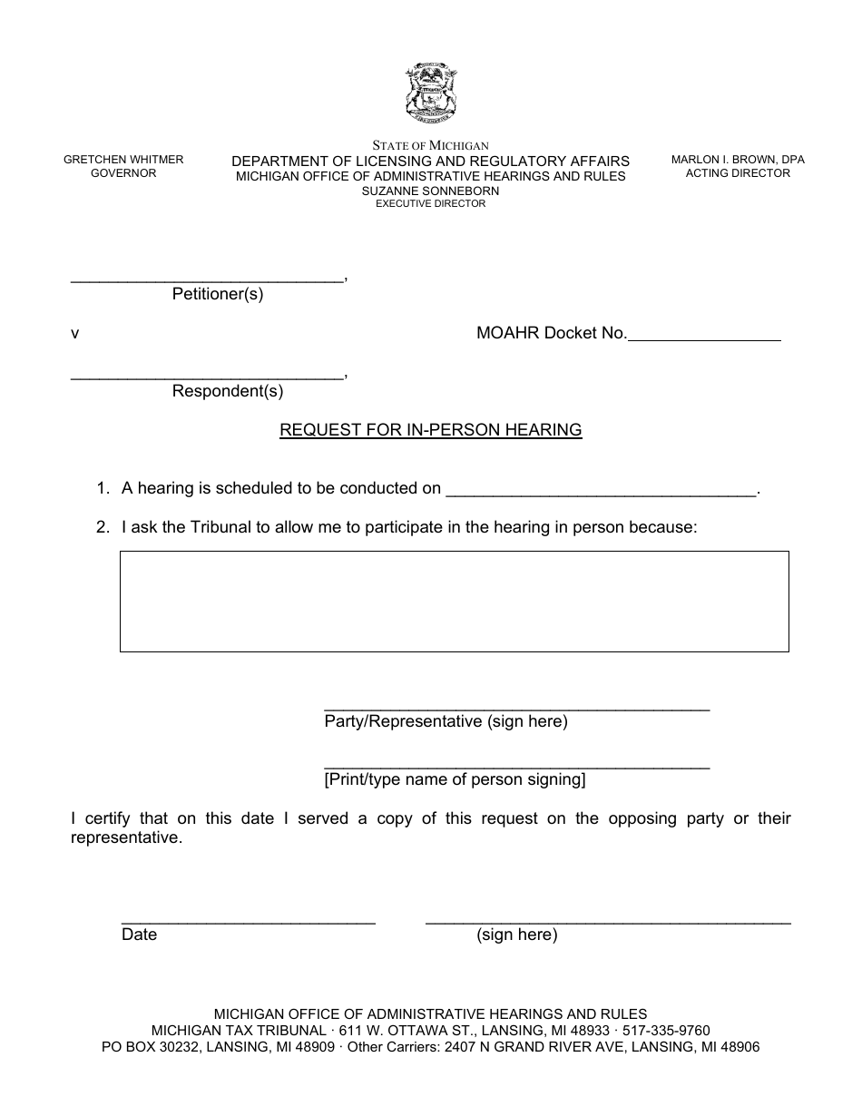 Michigan Request for in-Person Hearing - Fill Out, Sign Online and ...