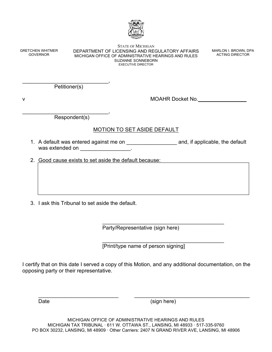 Michigan Motion to Set Aside Default - Fill Out, Sign Online and Download PDF | Templateroller