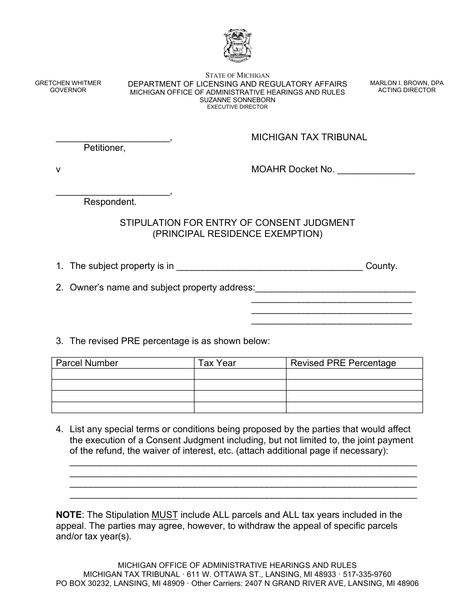 Michigan Stipulation for Entry of Consent Judgment (Principal Residence ...