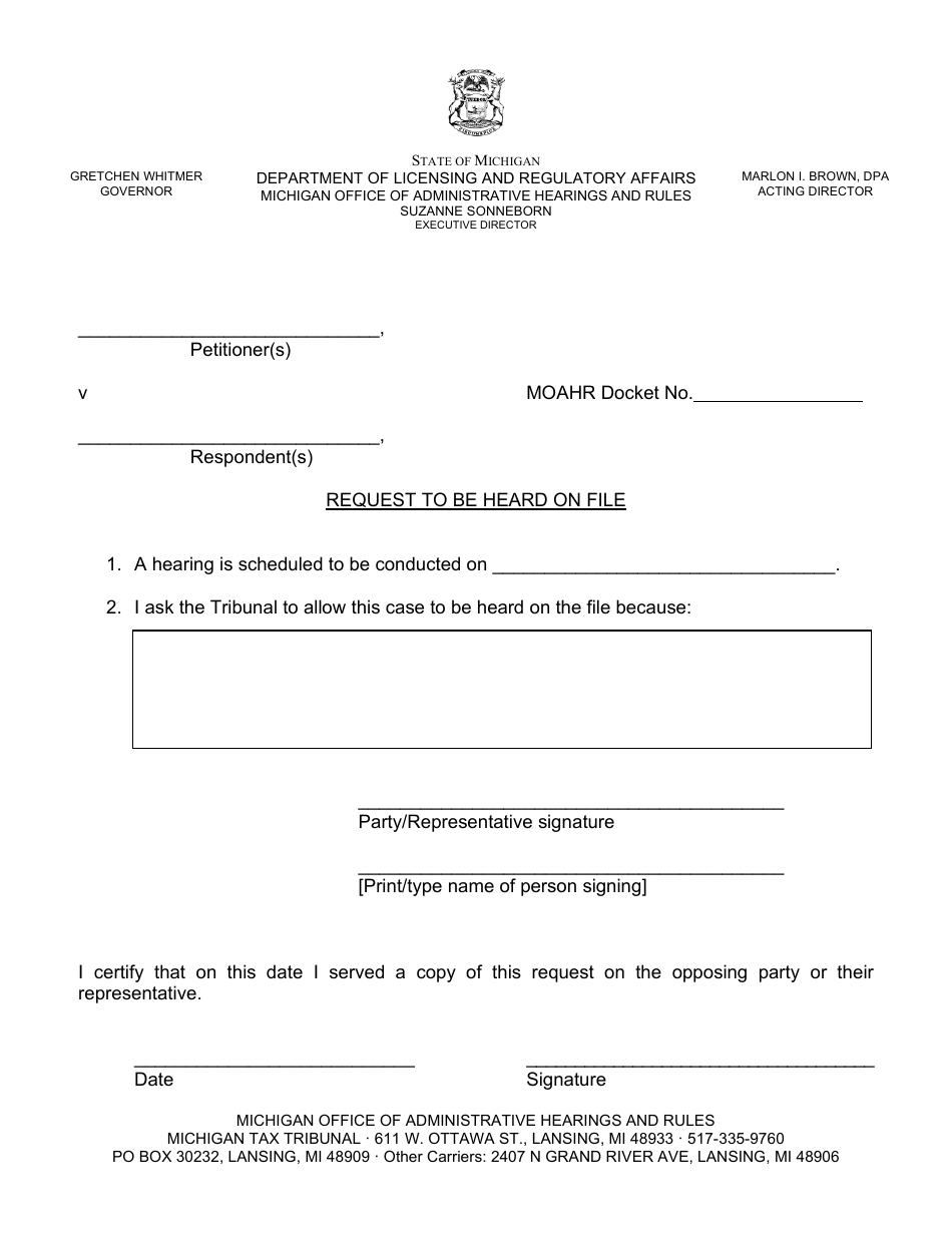 Michigan Request to Be Heard on File - Fill Out, Sign Online and Download PDF | Templateroller