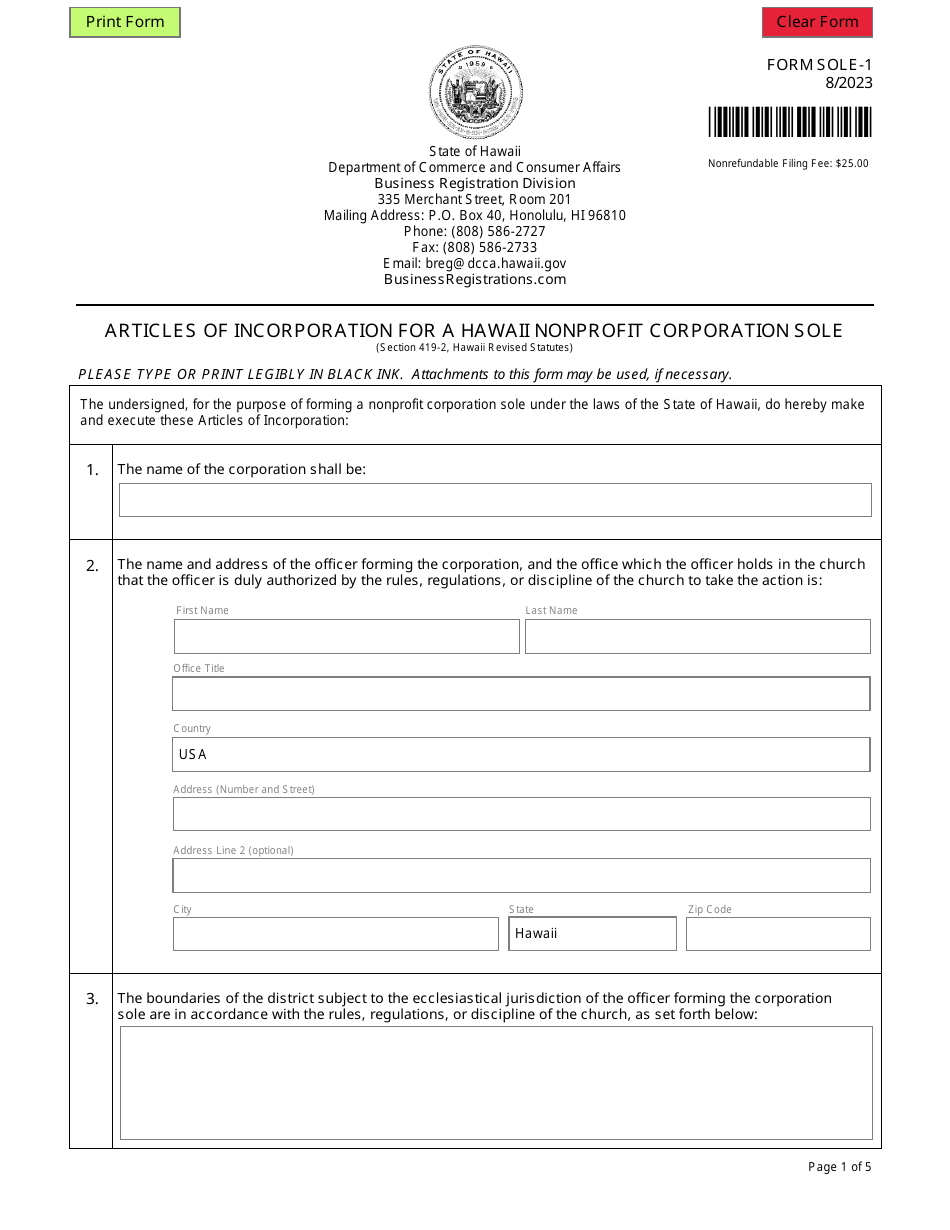 Form SOLE-1 - Fill Out, Sign Online and Download Fillable PDF, Hawaii ...