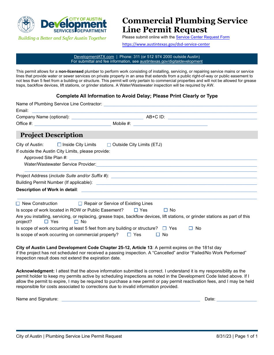 City of Austin, Texas Commercial Plumbing Service Line Permit Request - Fill Out, Sign Online ...