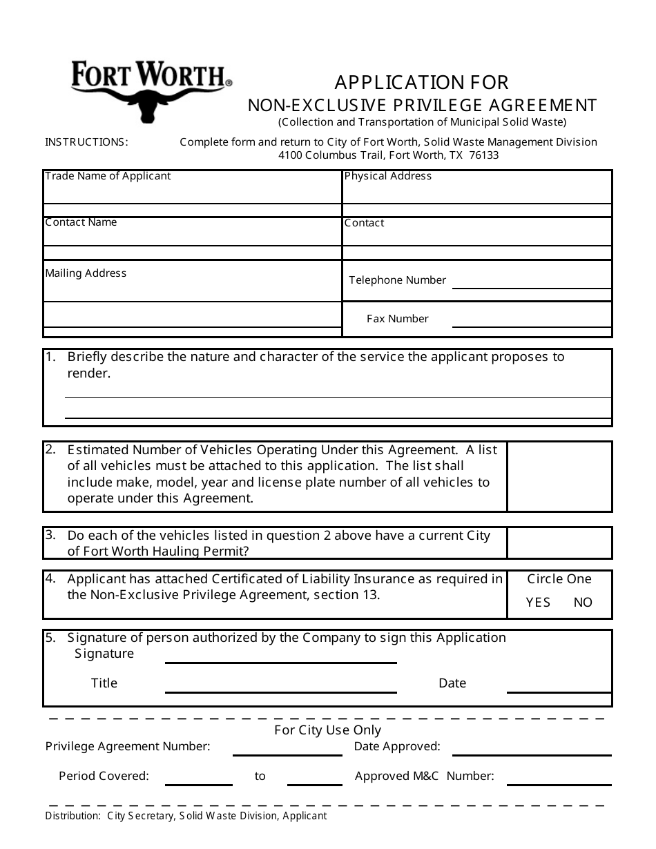 City of Fort Worth, Texas Application for Non-exclusive Privilege ...