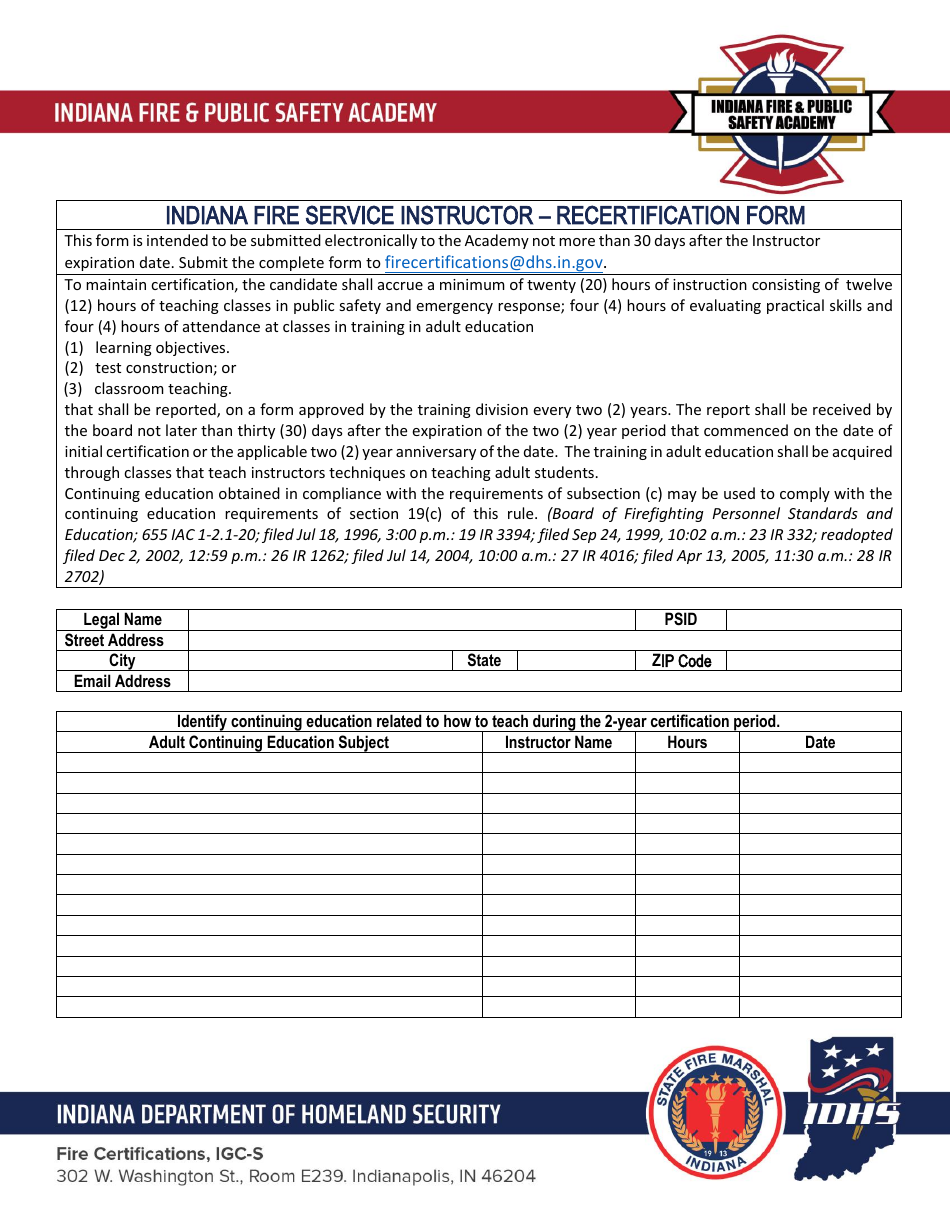 Indiana Indiana Fire Service Instructor - Recertification Form - Fill ...