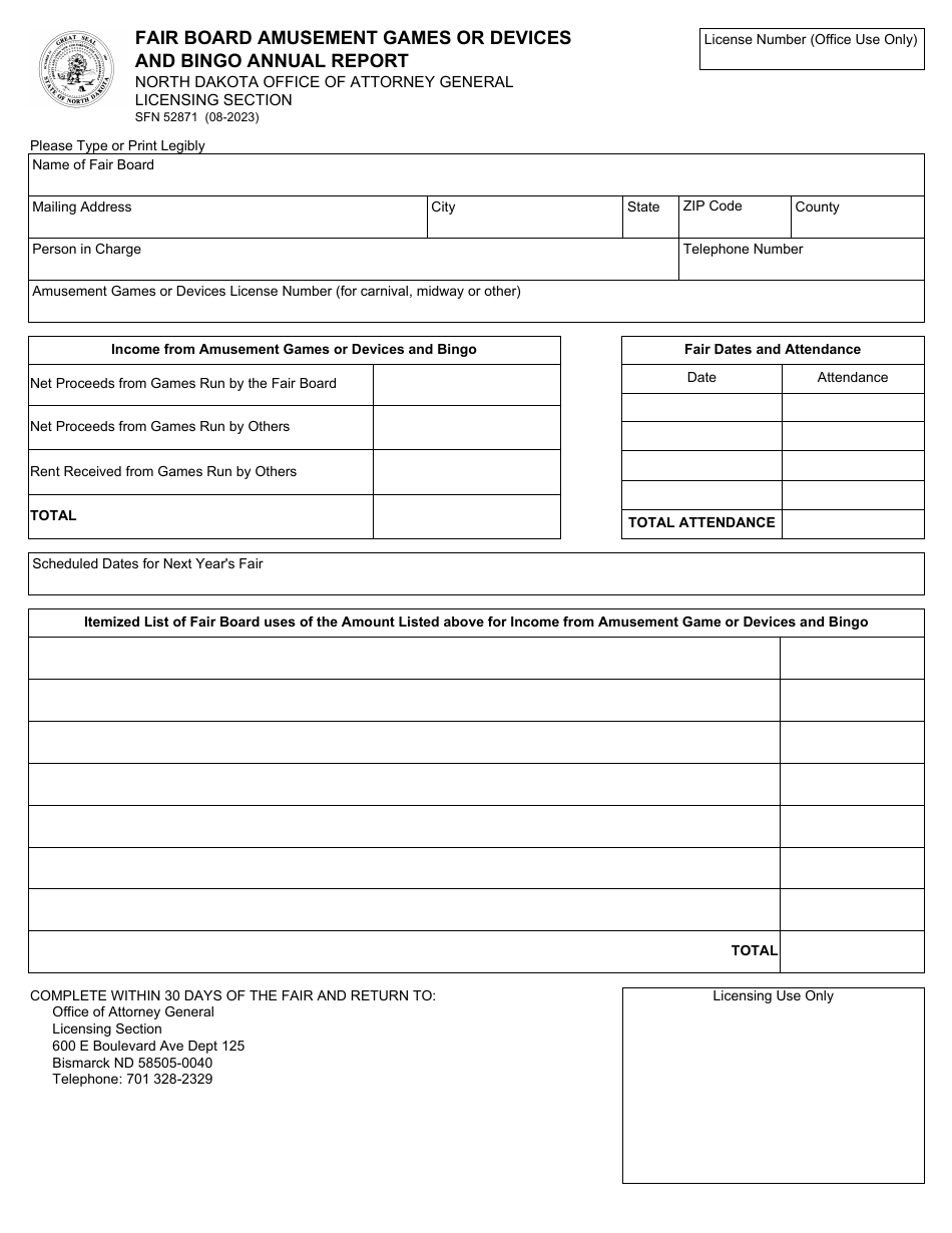 Form SFN52871 Download Fillable PDF or Fill Online Fair Board Amusement ...