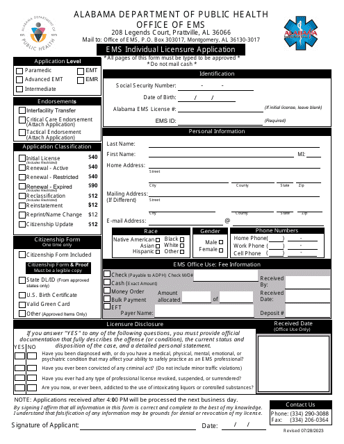 Alabama EMS Individual Licensure Application Download Fillable PDF ...