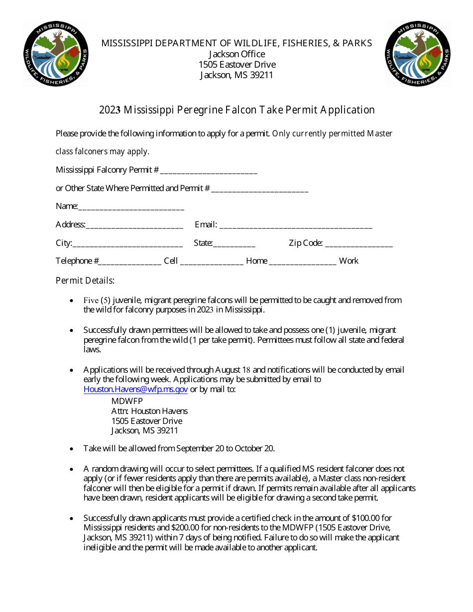2023 Mississippi Mississippi Peregrine Falcon Take Permit Application ...
