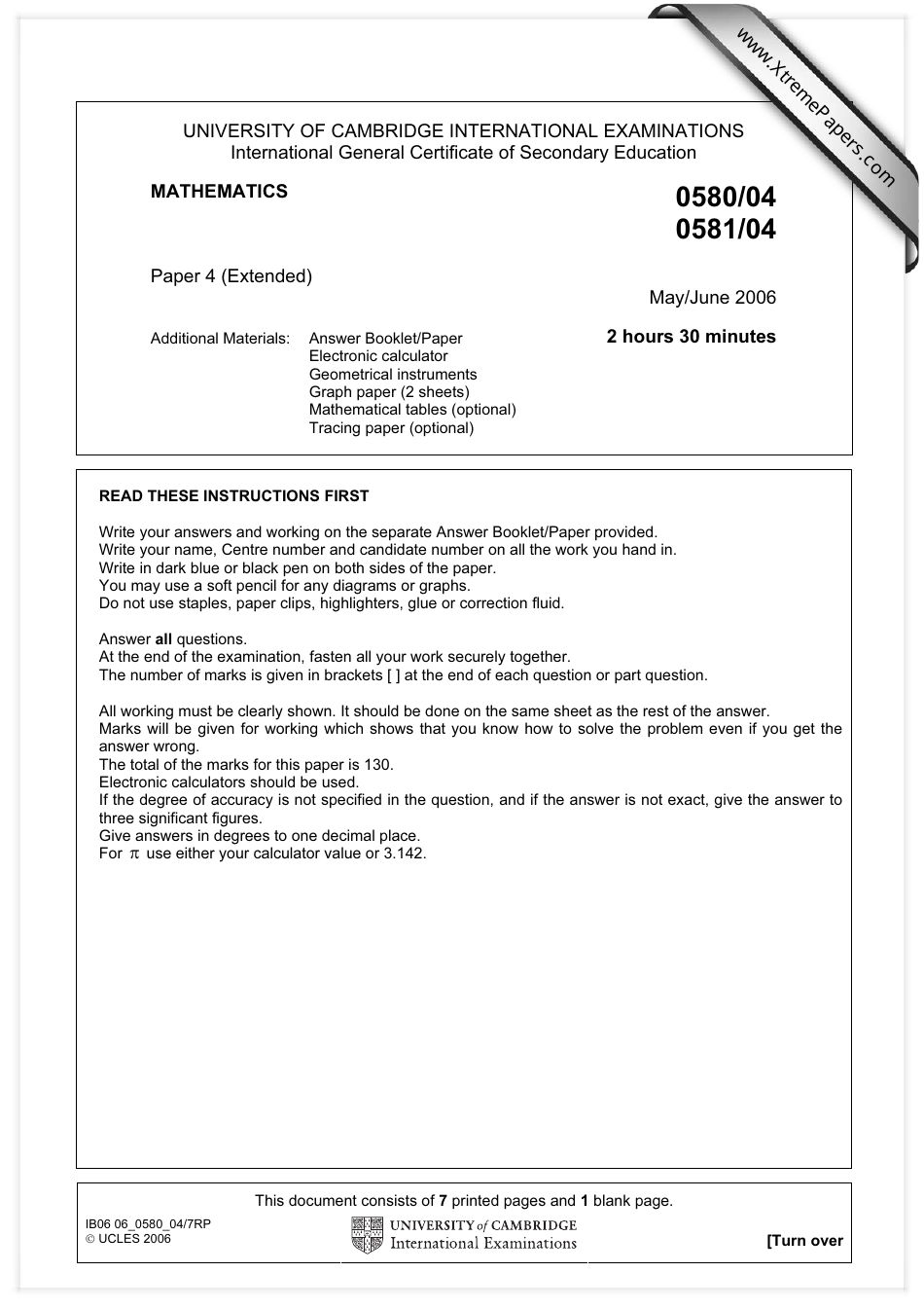 University of Cambridge International Examinations: Mathematics Paper 4 ...
