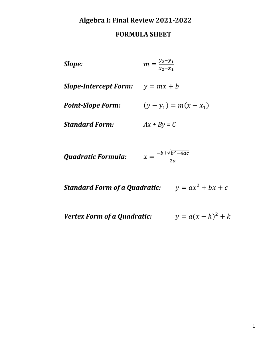 Algebra I: Final Review 2021-2022 Download Printable PDF | Templateroller