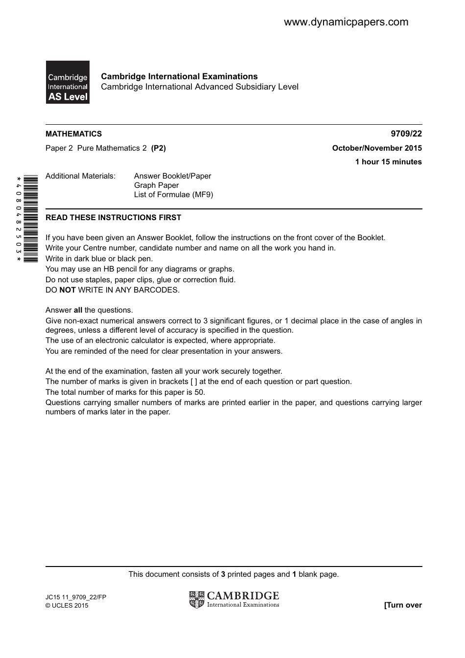 October/November 2015 Cambridge International Examinations: Mathematics ...