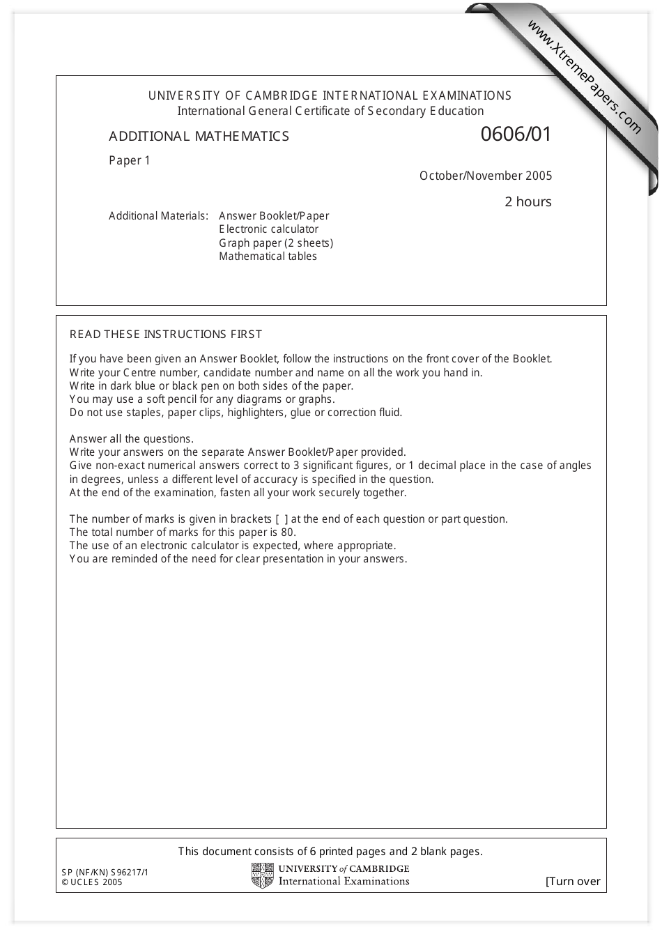 University of Cambridge International Examinations: Additional Mathematics Paper 1 - 0606/01 ...