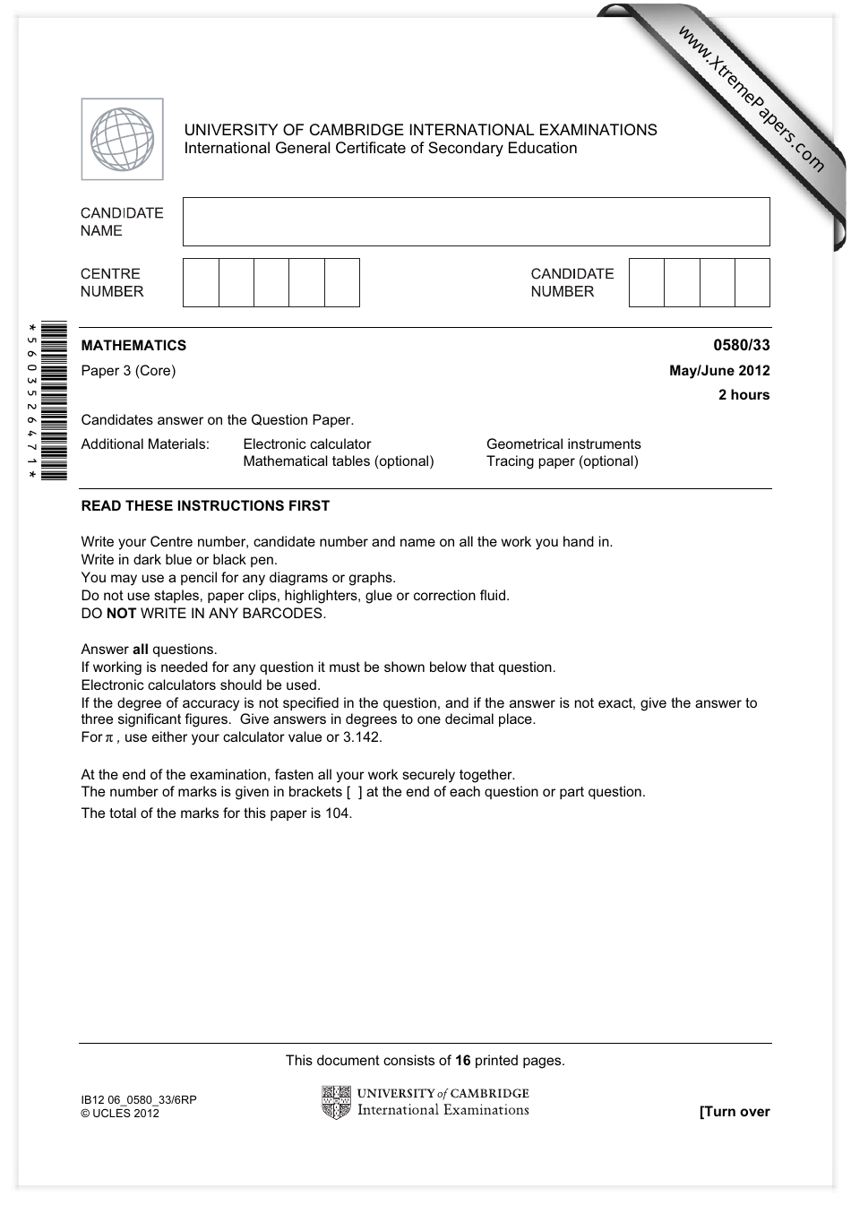 May/June 2012 University of Cambridge International Examinations ...