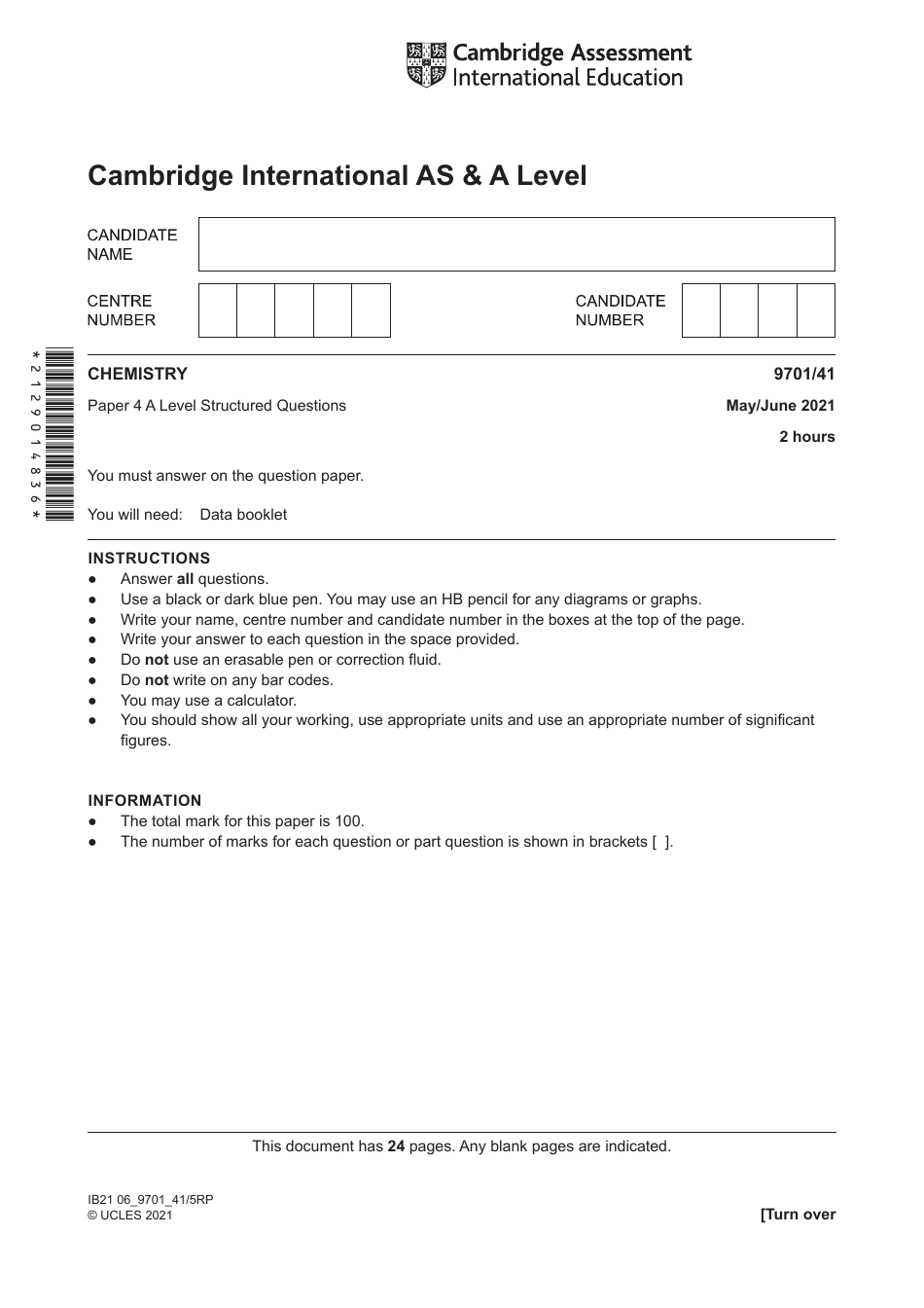 Cambridge International Chemistry Paper 4 a Level Structured Questions ...