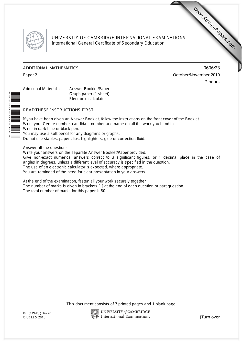 University of Cambridge International Examinations: Additional Mathematics Paper 2 Download ...