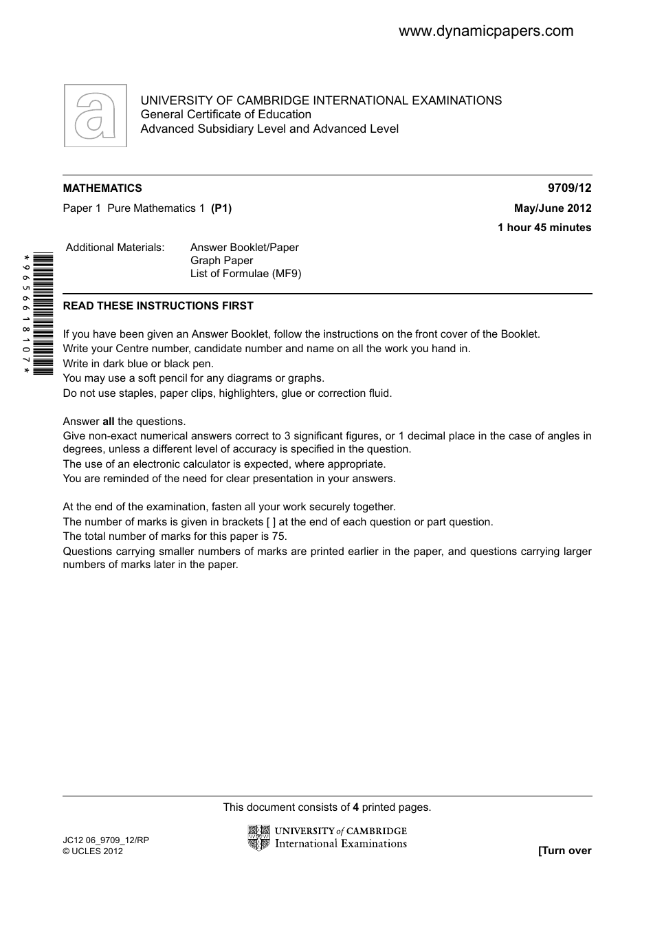 University of Cambridge International Examinations: Mathematics Paper 1 ...