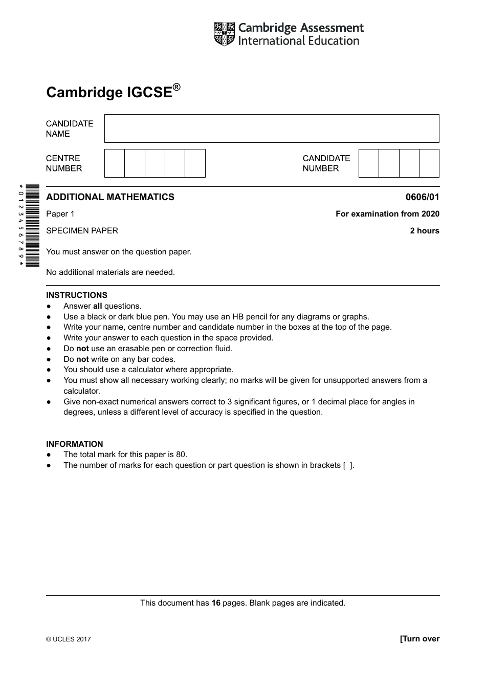 Cambridge Igcse Additional Mathematics Paper 1: Specimen Paper Download ...